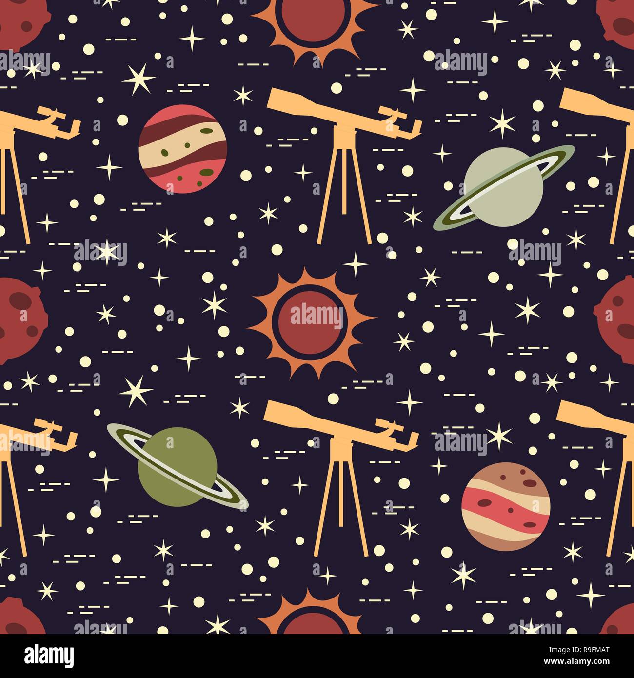 Seamless pattern with telescope, sun, planets, stars. Space exploration ...