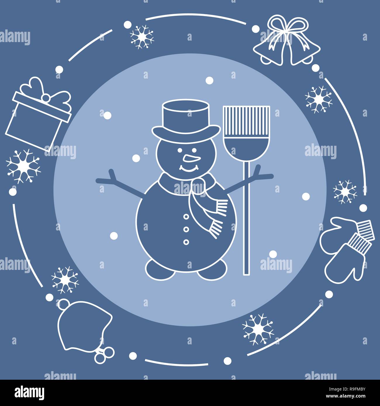 Vector illustration: snowman in hat with broom, gift, rings, mittens ...
