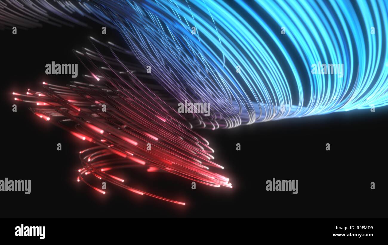 blue and red fiber optic strings in dark. 3d illustration Stock Photo ...