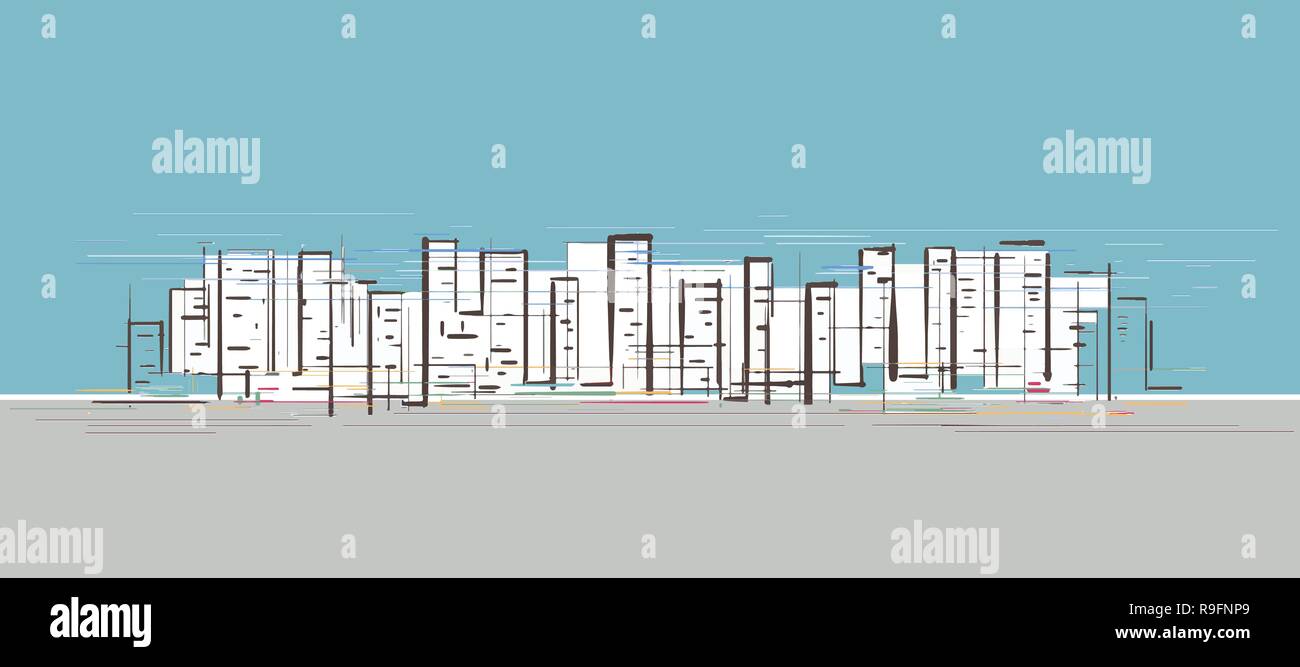Hand drawn sketch of high rise buildings in a busy city center with ...