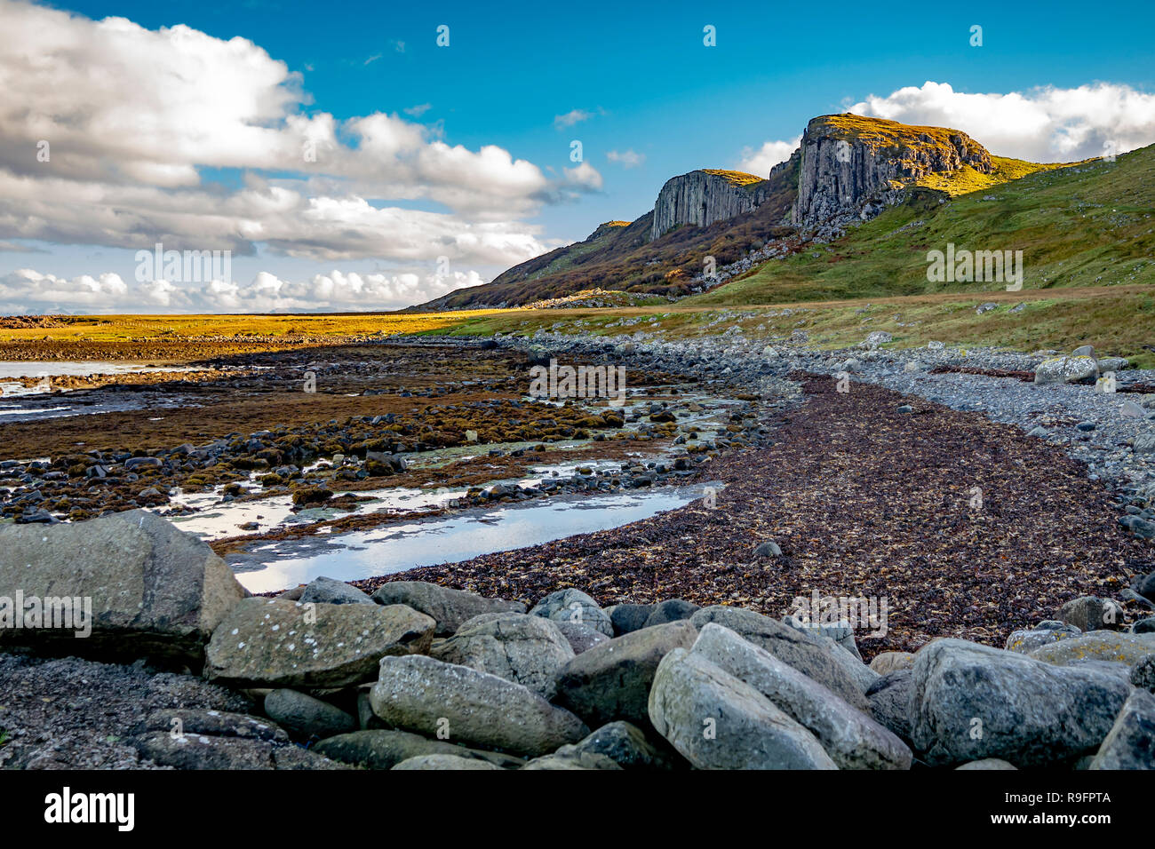 The basalt rocks at the famous Dinosaur bay at Staffin on the isle of ...