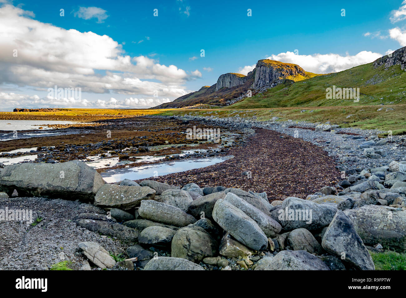 The basalt rocks at the famous Dinosaur bay at Staffin on the isle of ...