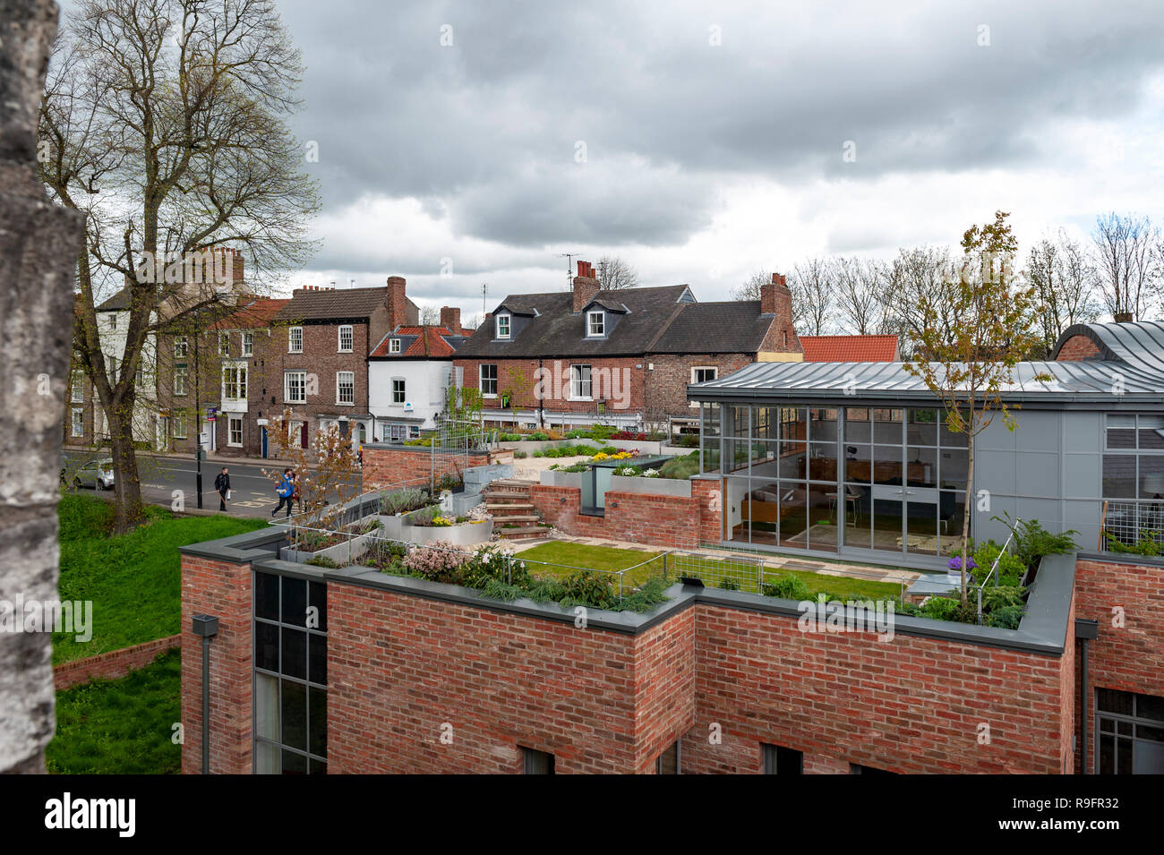 York, England - April 2018: Brick and stone buildings in old town seen ...