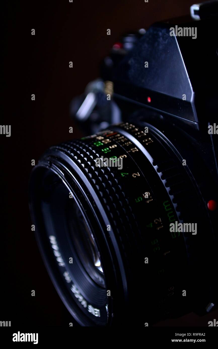 Close up shot of the Focus ring, Focus distance scale and Aperture ring ...