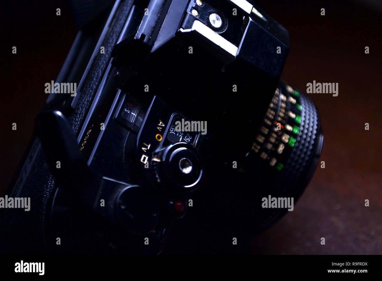 Close up shot of the Shutterspeed dial, shutter button and film advance ...