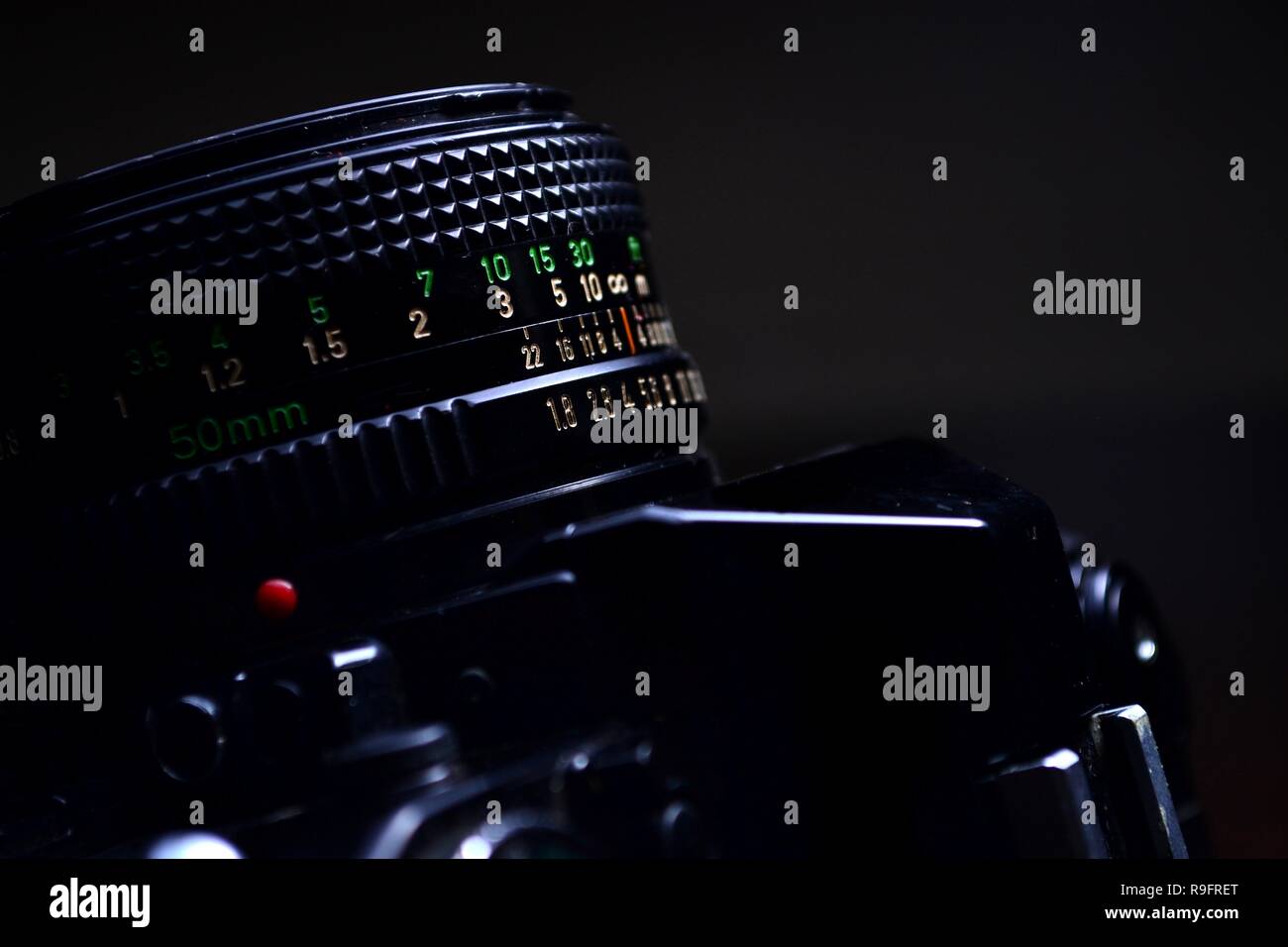 Close up shot of the Focus ring, Focus distance scale and Aperture ring ...