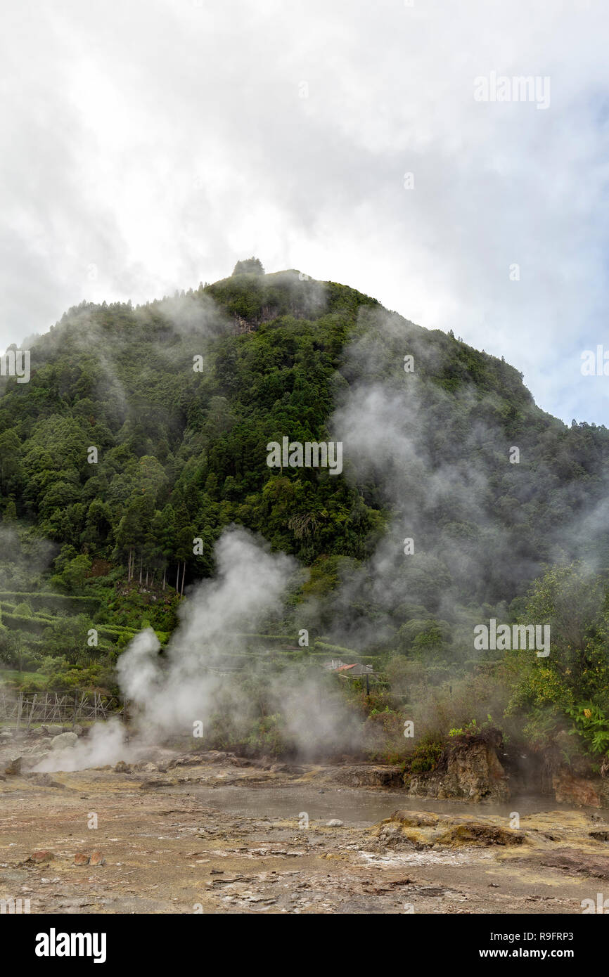 Portrait view of thermal vents at Fumarolas da Lagoa das Furnas on Sao ...