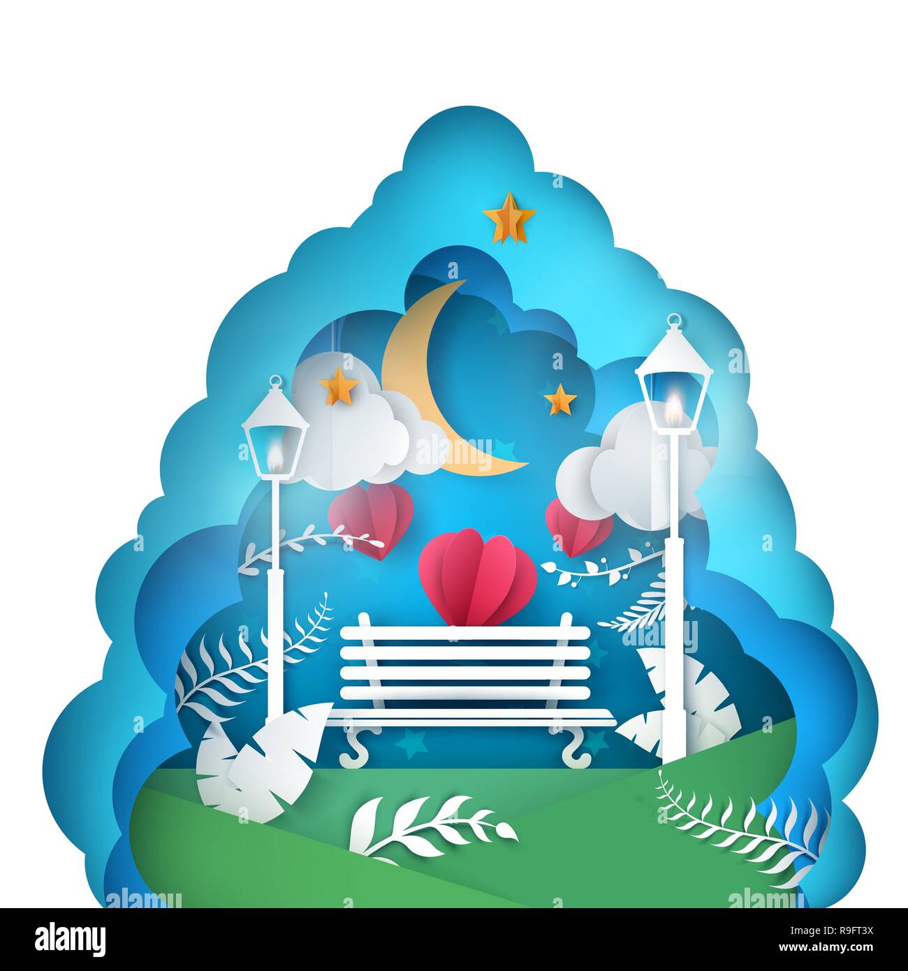Paper landscape illustration. Street light, bench Stock Vector Image ...