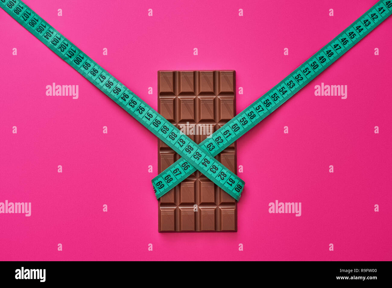 Resist the temptations. Chocolate bar wrapped with measure tape ...