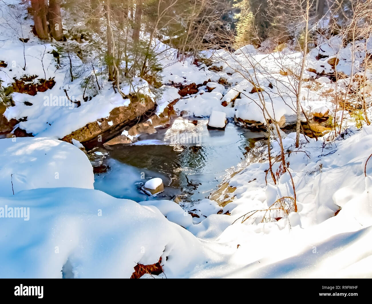 Natural landscape in snow and frozen pond in the winter Stock Photo - Alamy