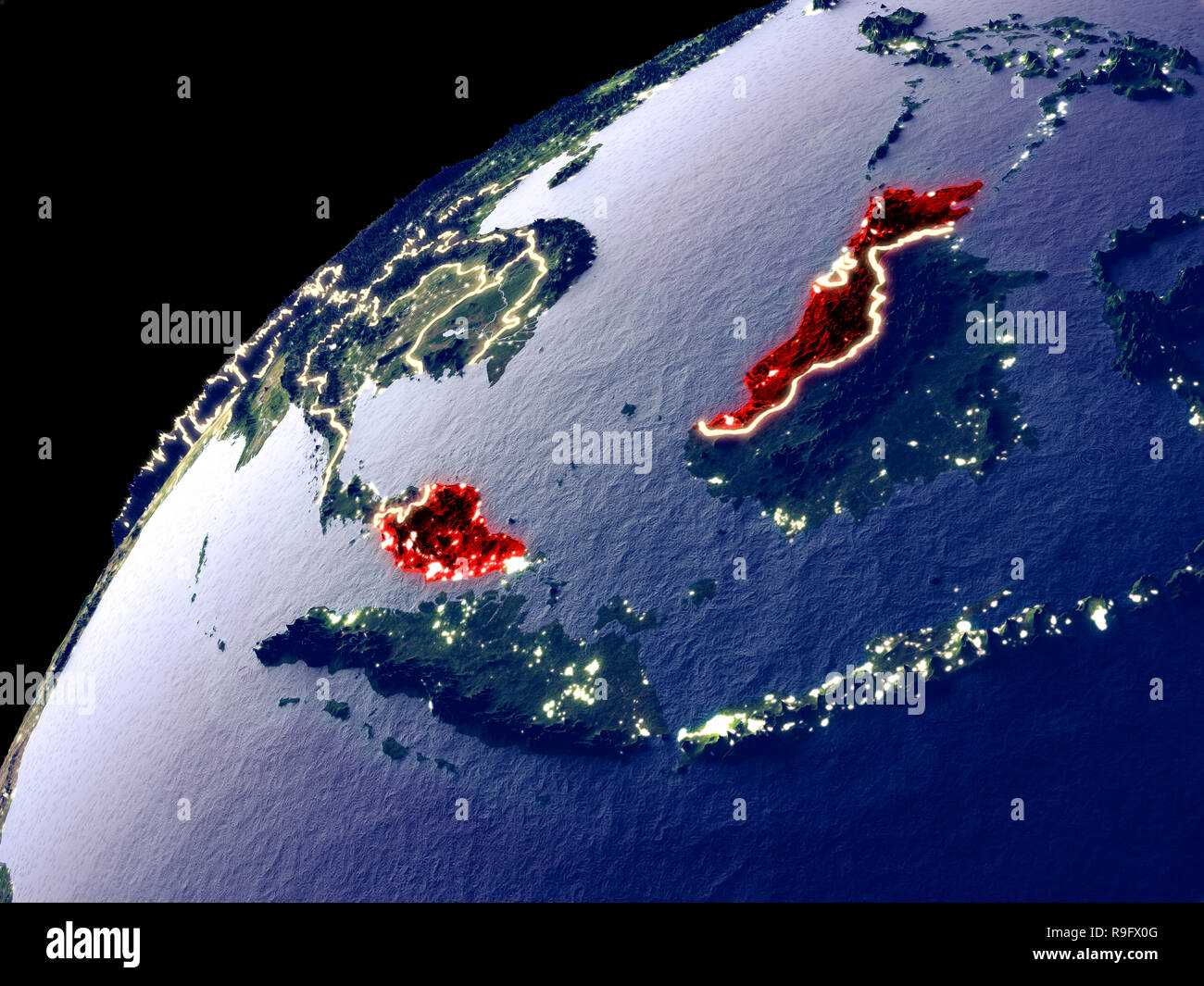 Satellite view of Malaysia on Earth with city lights. Extremely ...