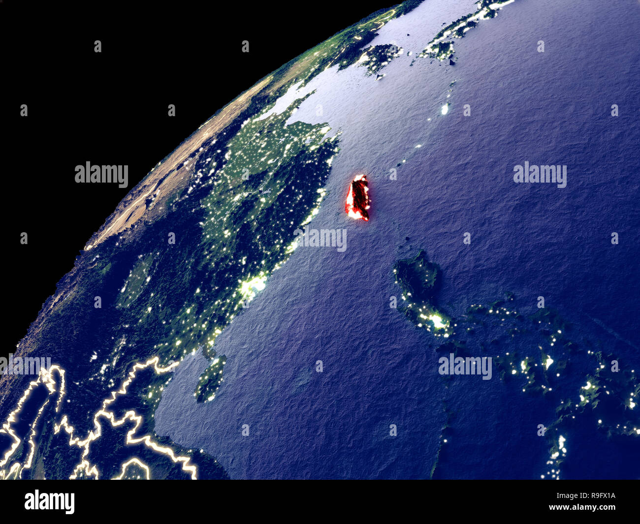 Satellite view of Taiwan on Earth with city lights. Extremely detailed ...