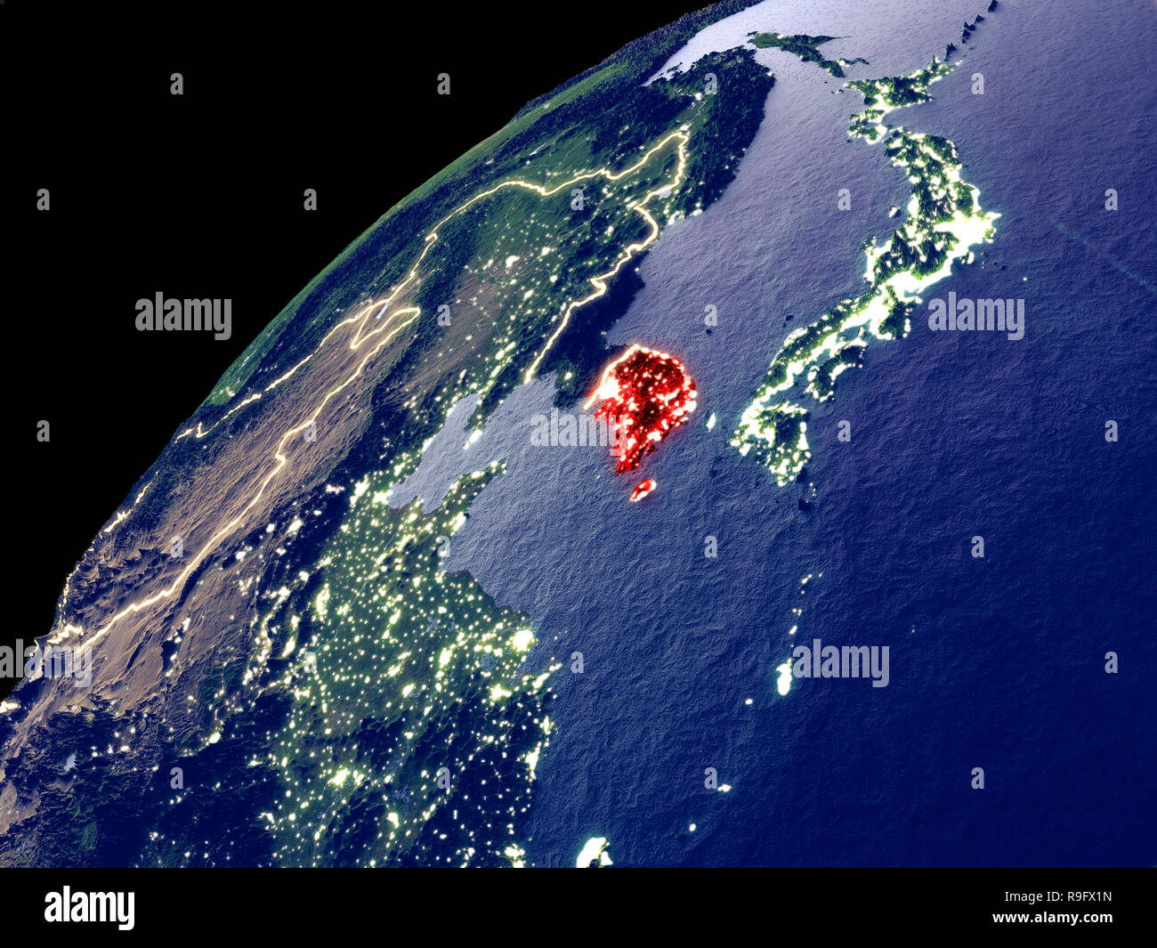 Satellite view of South Korea on Earth with city lights. Extremely ...