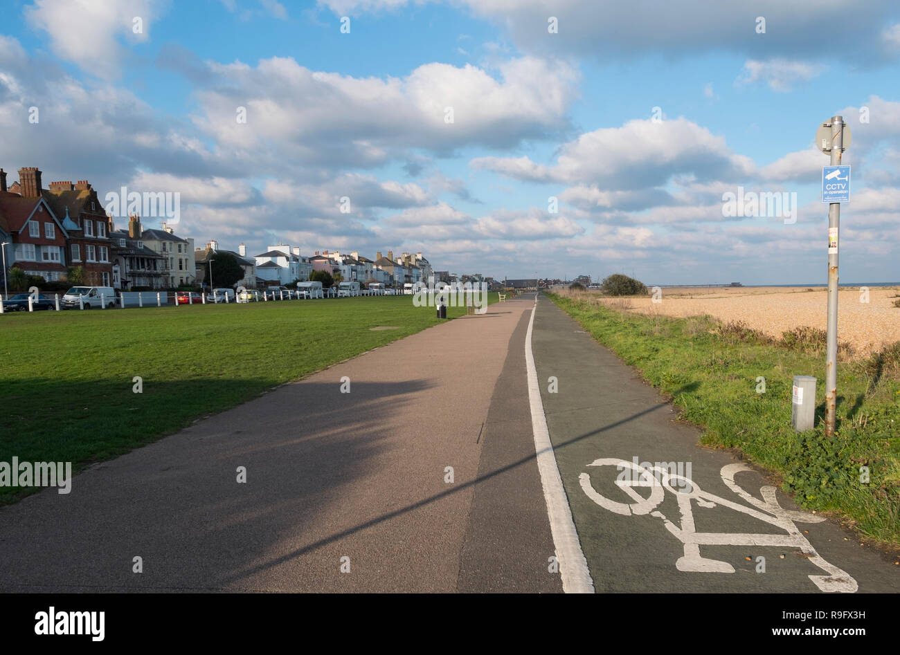 Cycle lane on The Promenade along the beach front at Walmer, Deal, Kent ...