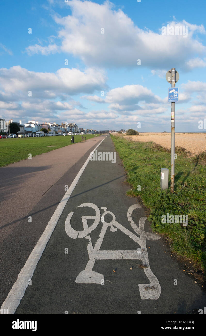 Cycle lane on The Promenade along the beach front at Walmer, Deal, Kent ...
