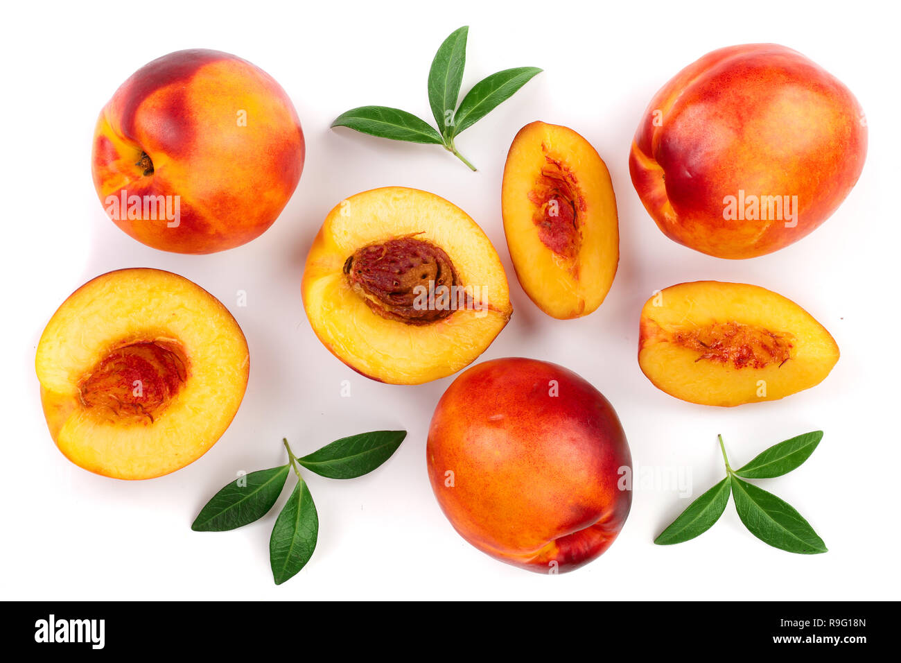 ripe nectarine with leaves isolated on white background. Top view. Flat ...