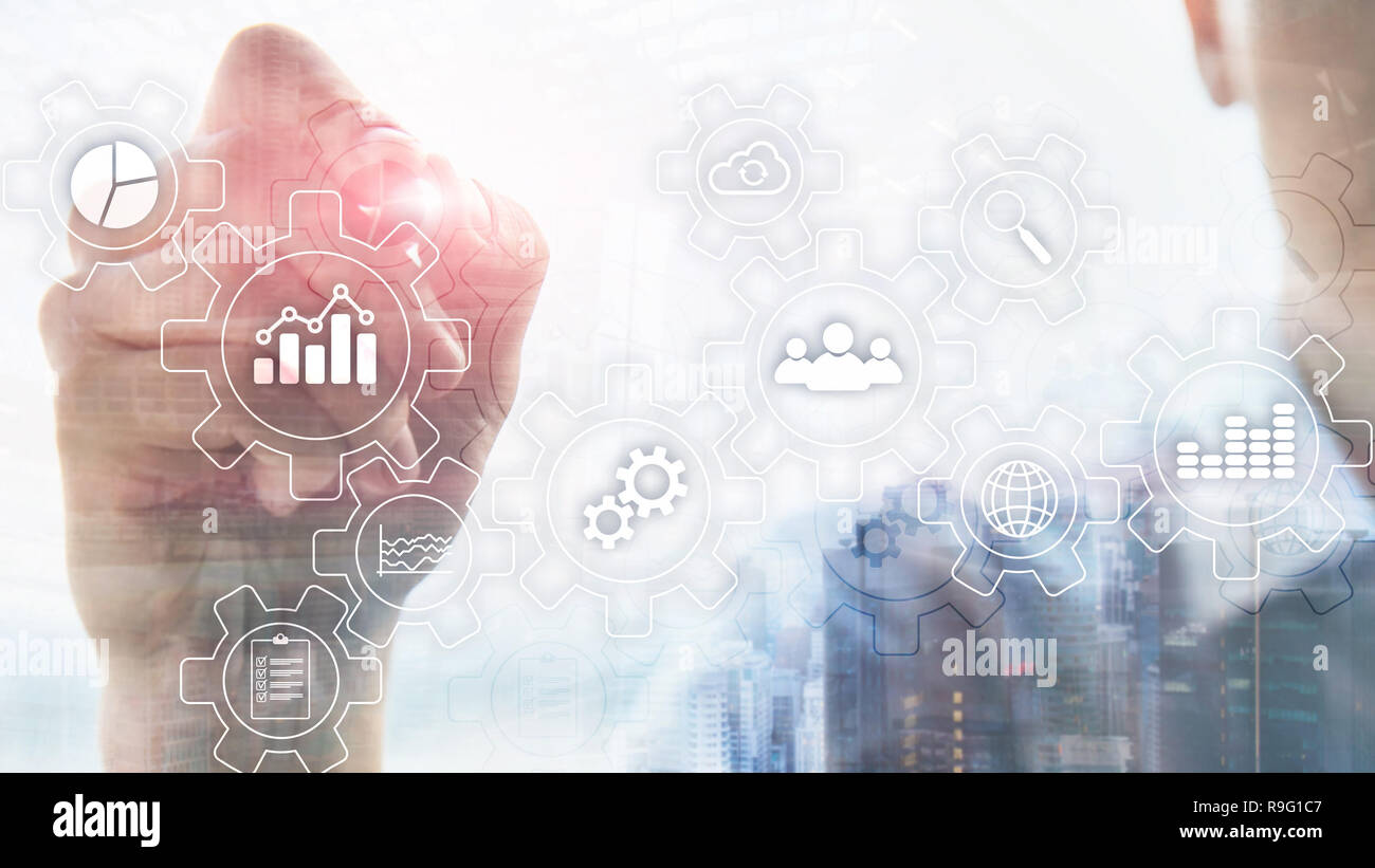 Business process abstract diagram with gears and icons. Workflow and ...