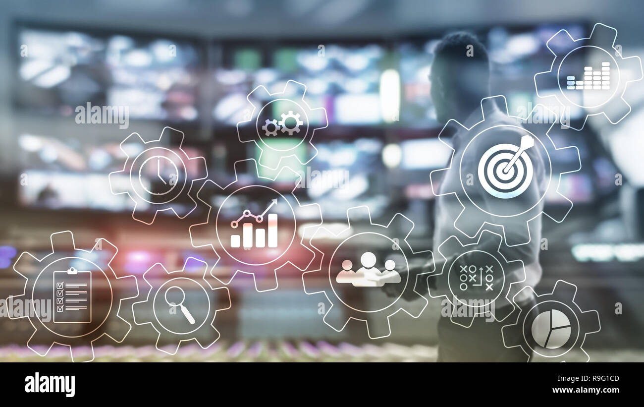 Business process automation concept. Gears and icons on abstract ...