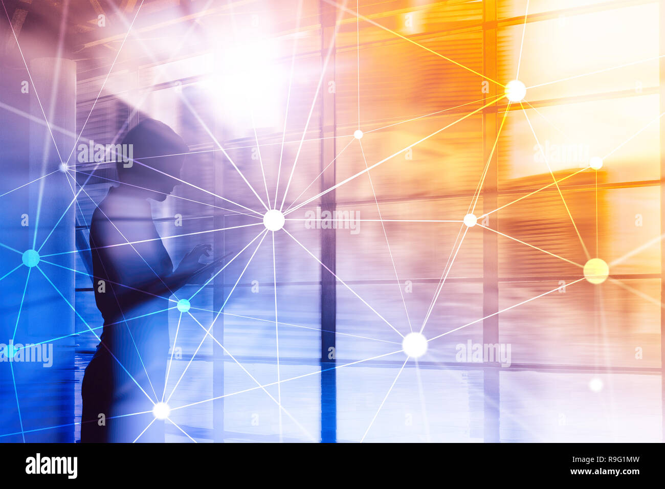 Blockchain network on blurred skyscrapers background. Financial ...