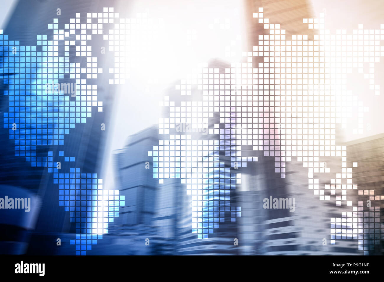 Double exposure world map on skyscraper background. Communication and ...