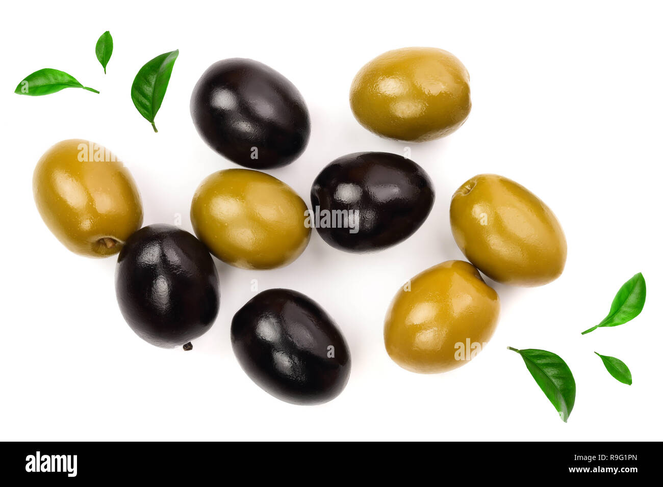 Green and black olives isolated on a white background. Top view. Flat ...