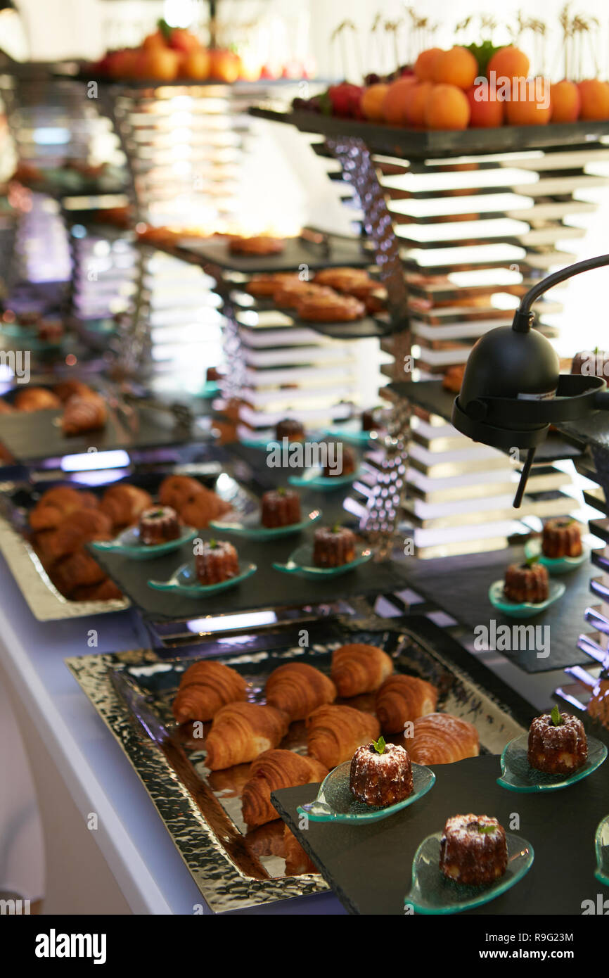 catering services background with snacks on guests table in restaurant ...