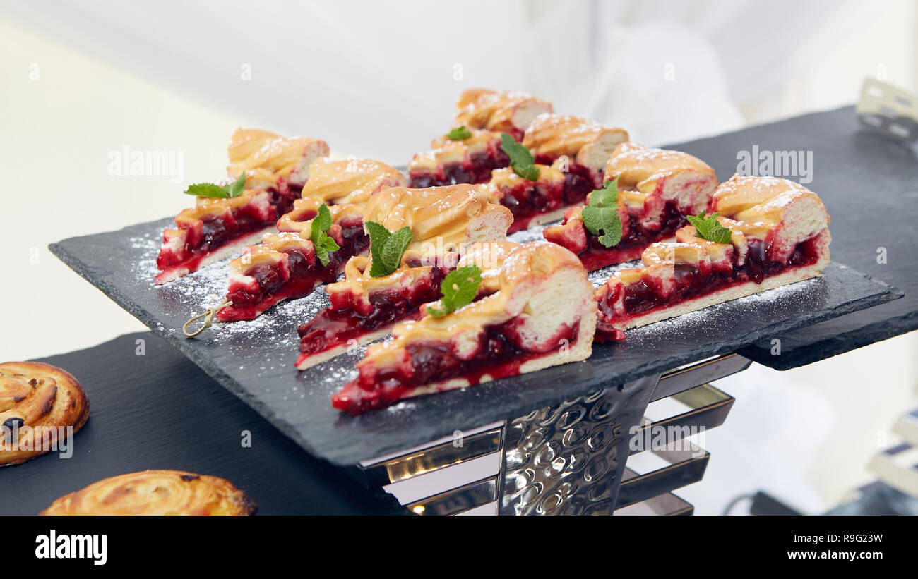 catering services background with snacks on guests table in restaurant ...