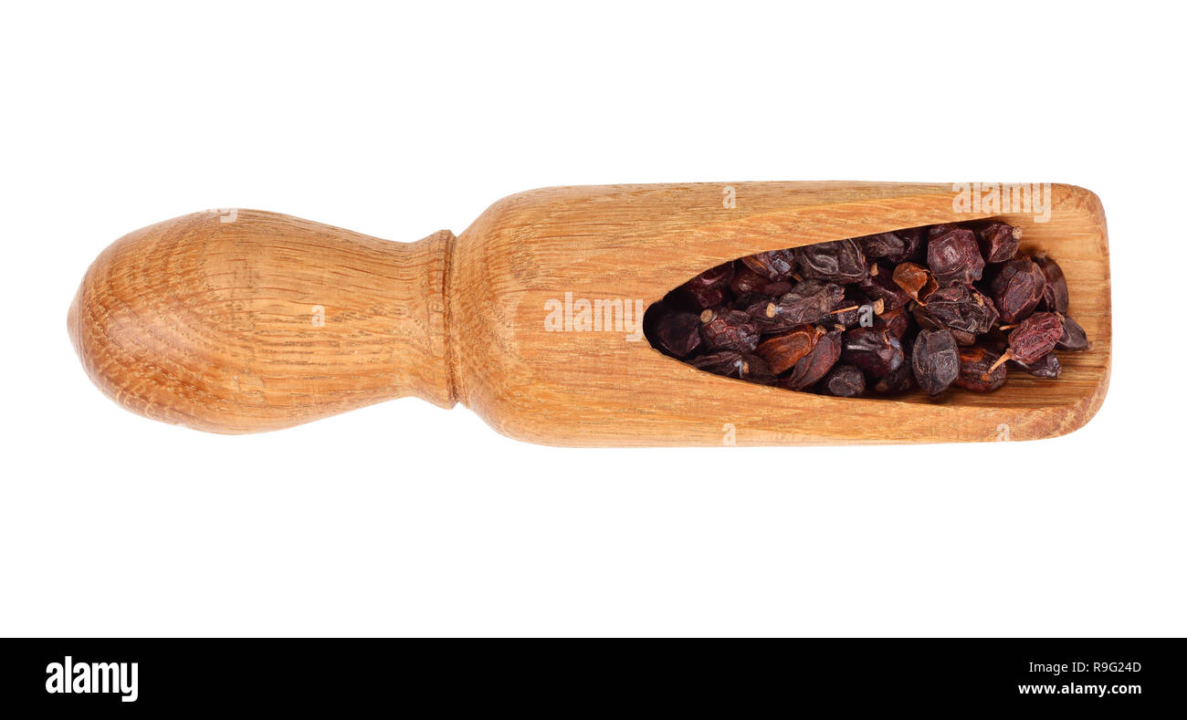 dry red barberry spices on scoop isolated on a white background. Top ...