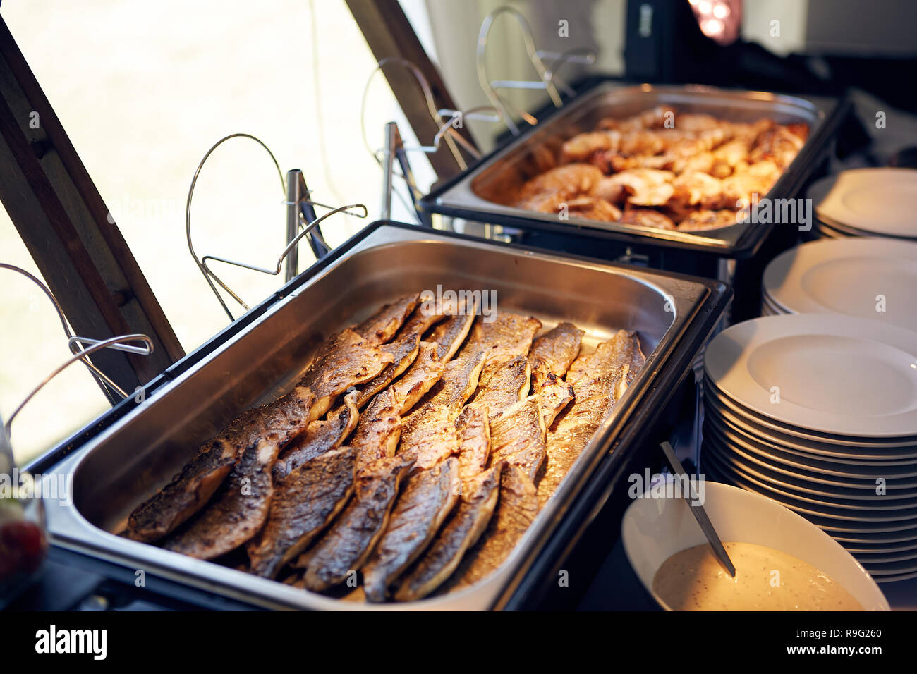 catering services background with snacks on guests table in restaurant ...