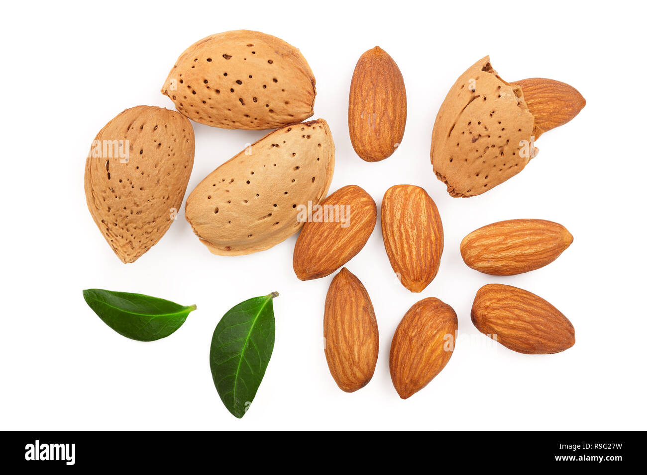 almonds with leaves isolated on white background. Flat lay pattern. Top ...