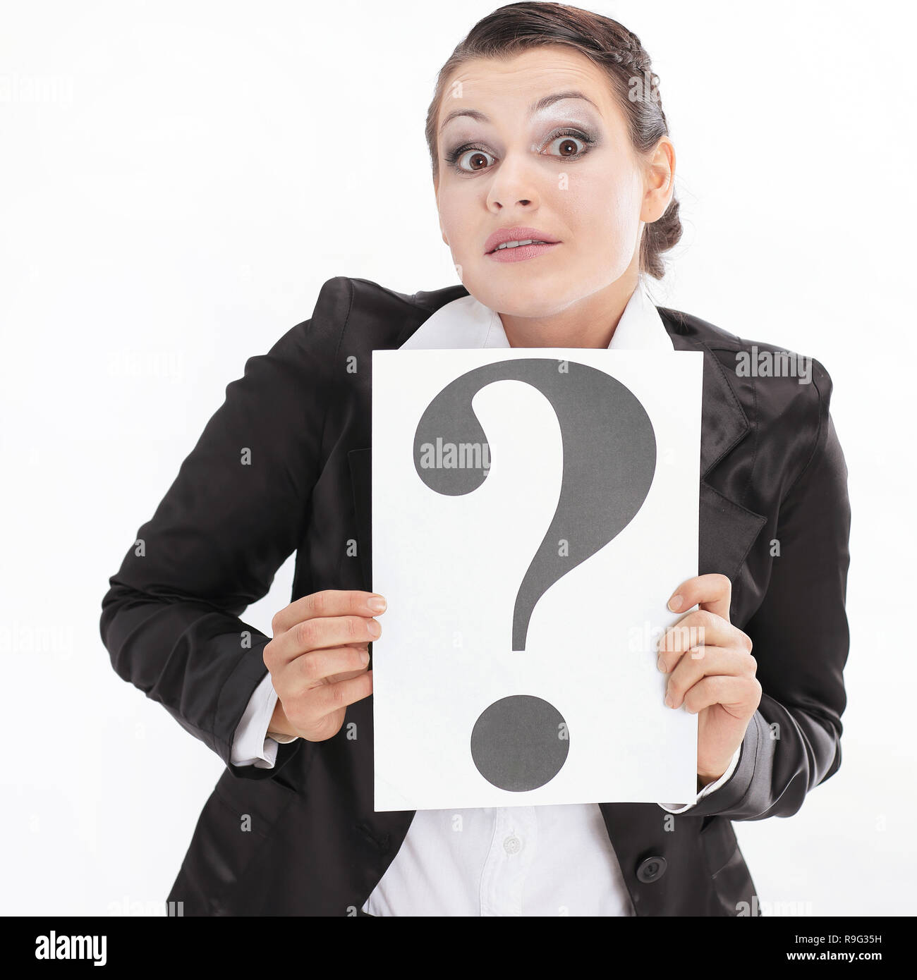 confused business woman showing a question mark Stock Photo - Alamy