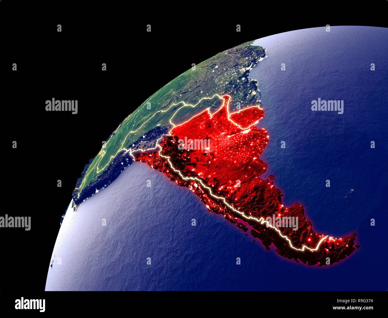 Satellite view of Southern Cone on Earth with city lights. Extremely ...