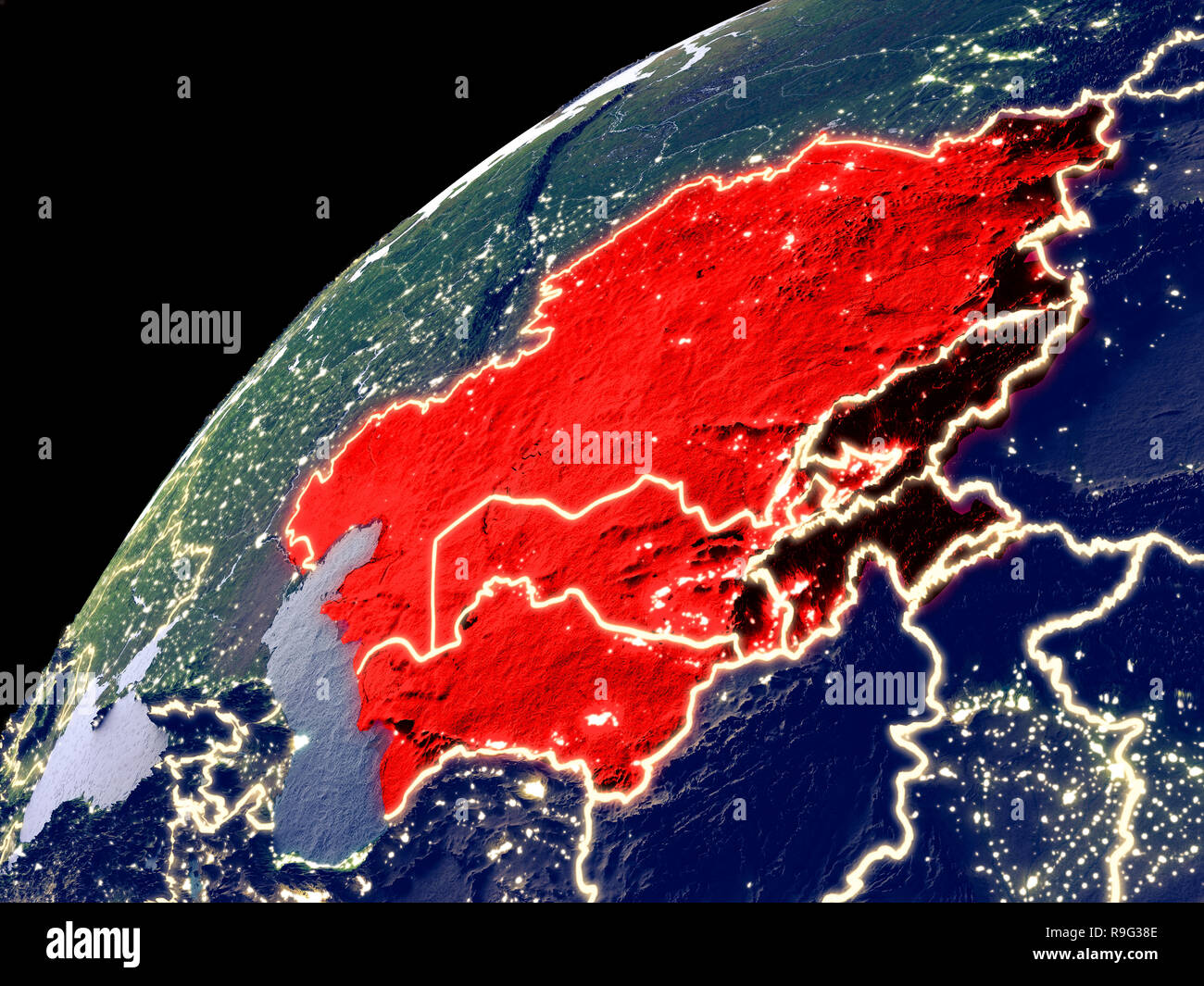 Satellite view of Central Asia on Earth with city lights. Extremely ...