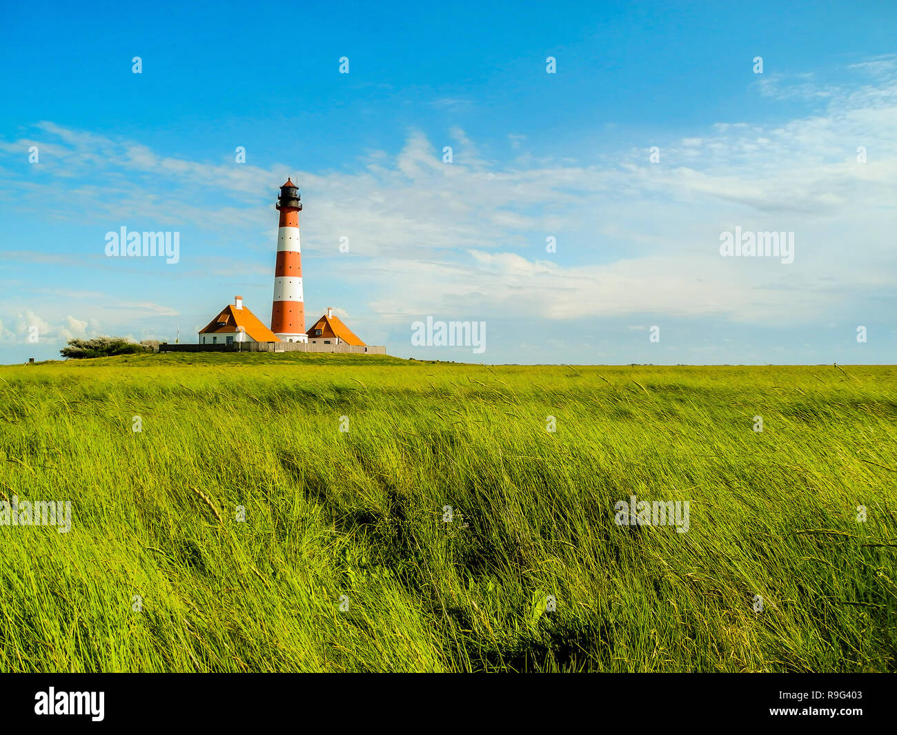 Panorama salt marshes with lighthouse Westerhever Stock Photo - Alamy