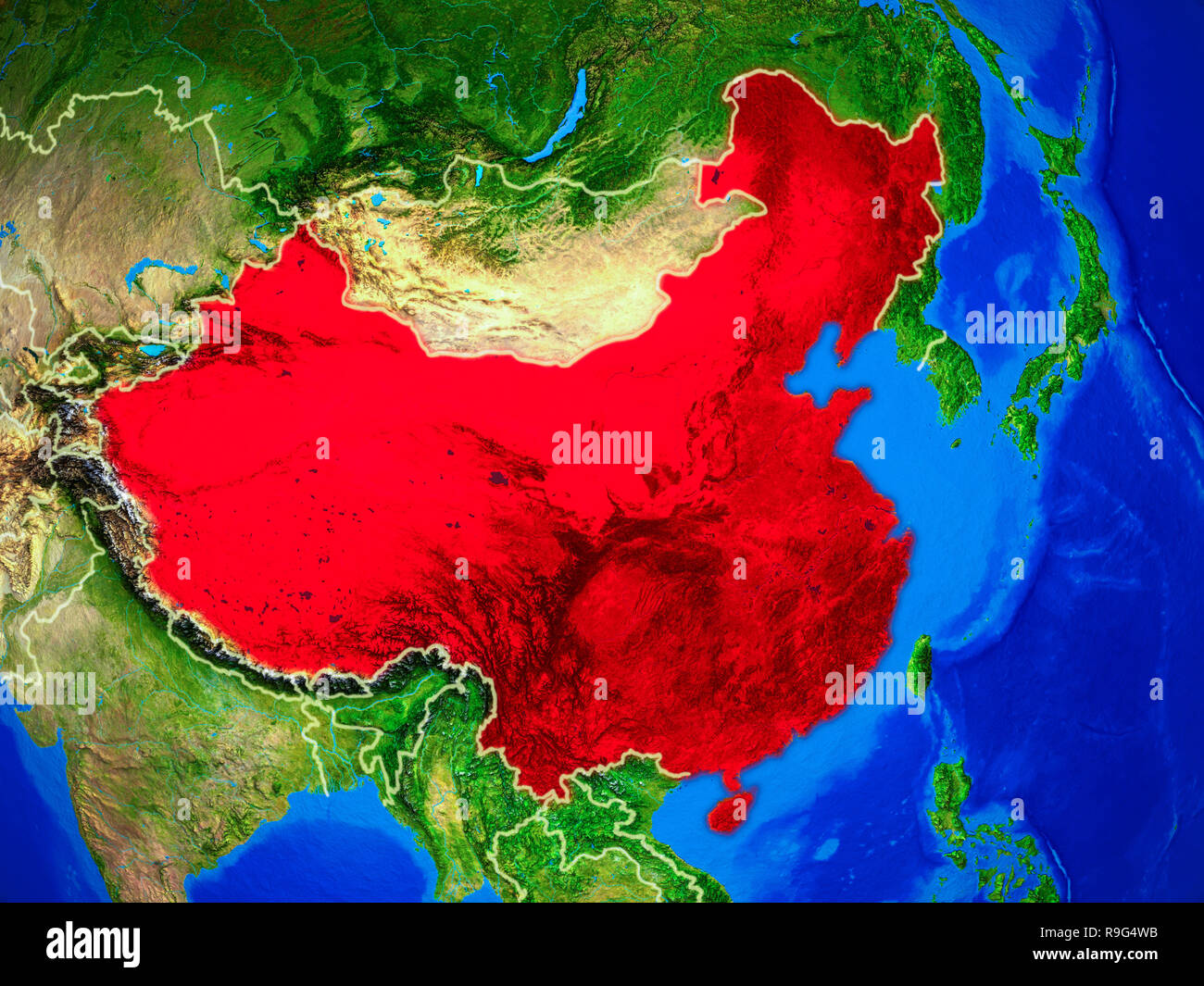 China from space on model of planet Earth with country borders and very ...