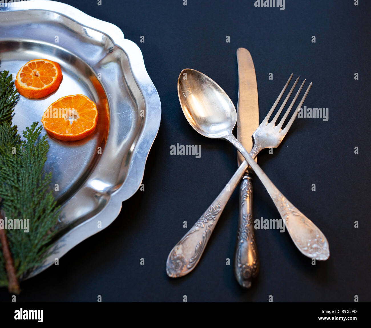 flat lay of festive Christas table arrangement with silverware Stock ...