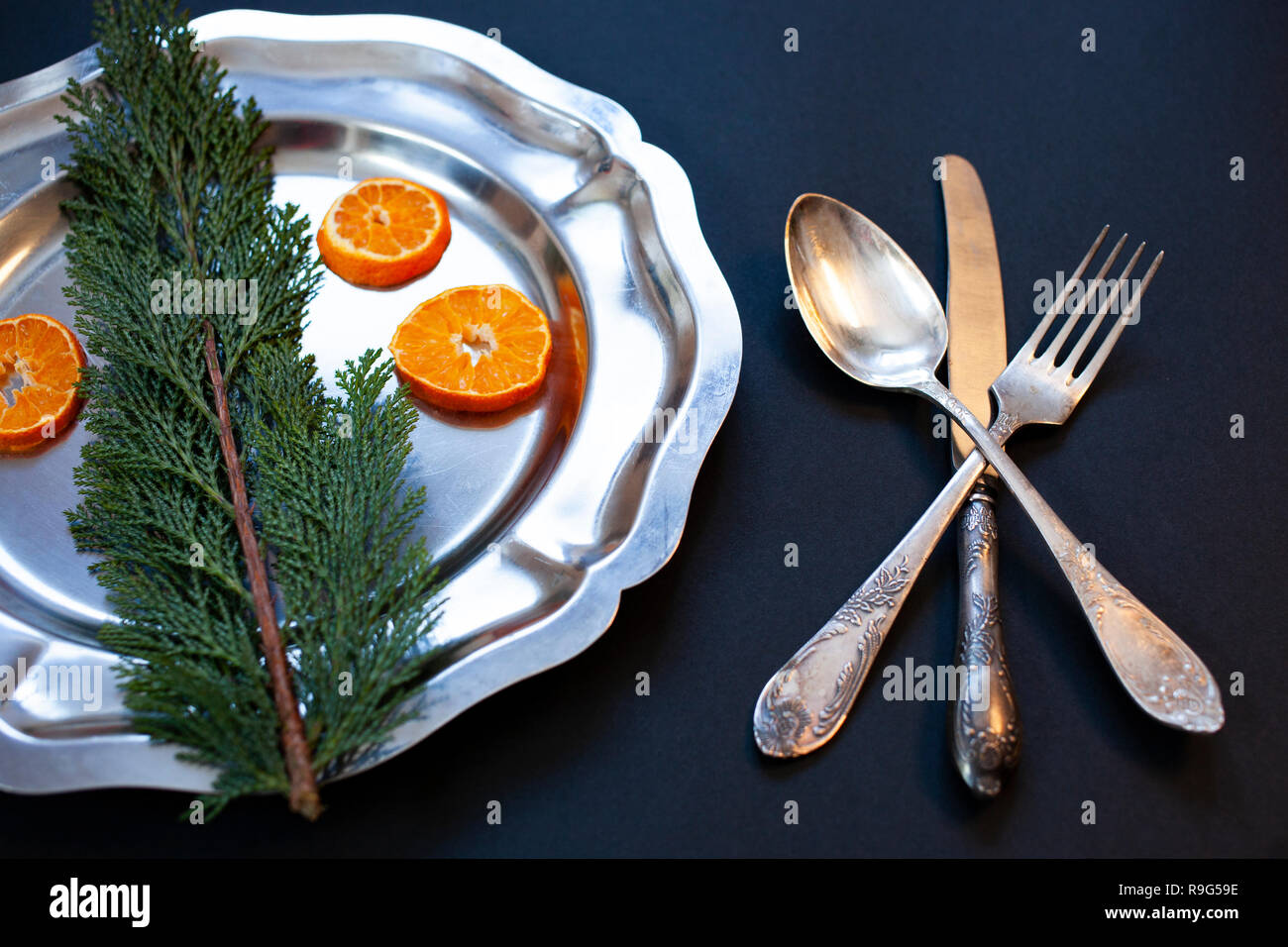 flat lay of festive Christas table arrangement with silverware Stock ...