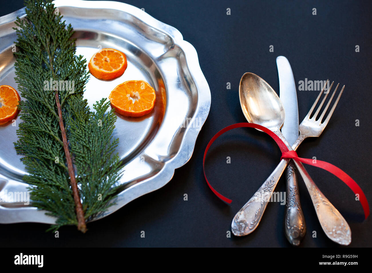 flat lay of festive Christas table arrangement with silverware Stock ...