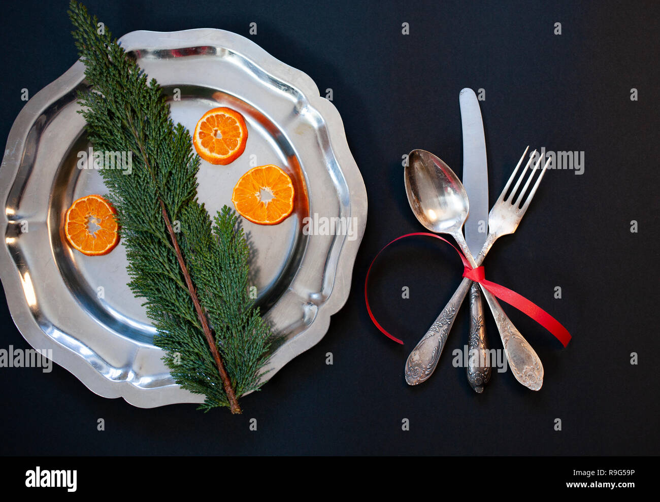 flat lay of festive Christas table arrangement with silverware Stock ...