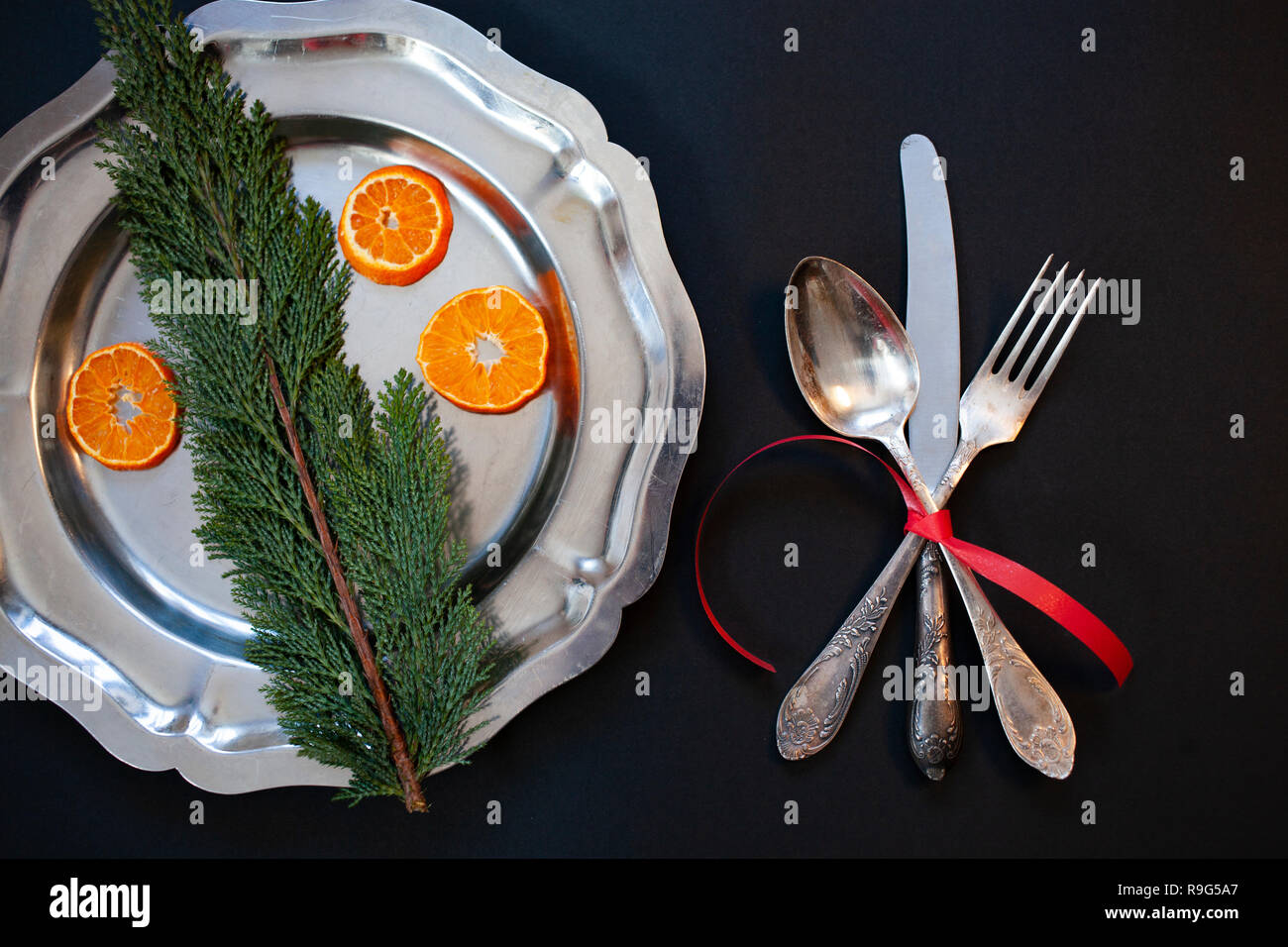 flat lay of festive Christas table arrangement with silverware Stock ...