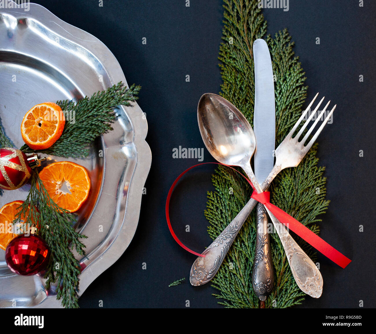 flat lay of festive Christas table arrangement with silverware Stock ...