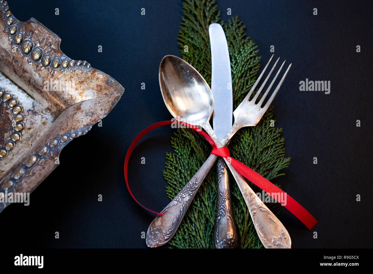 flat lay of festive Christas table arrangement with silverware Stock ...
