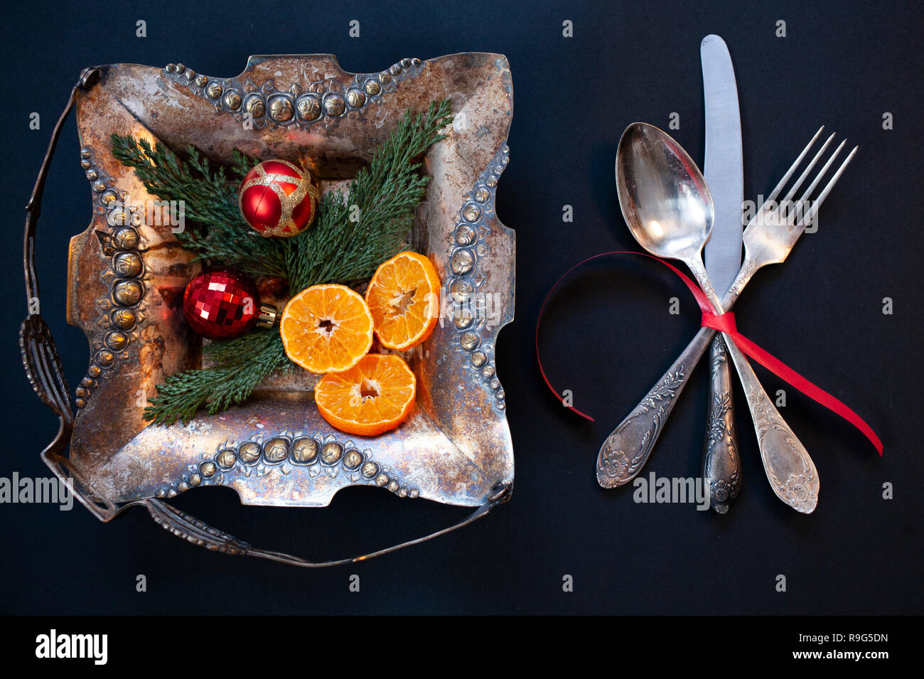 flat lay of festive Christas table arrangement with silverware Stock ...