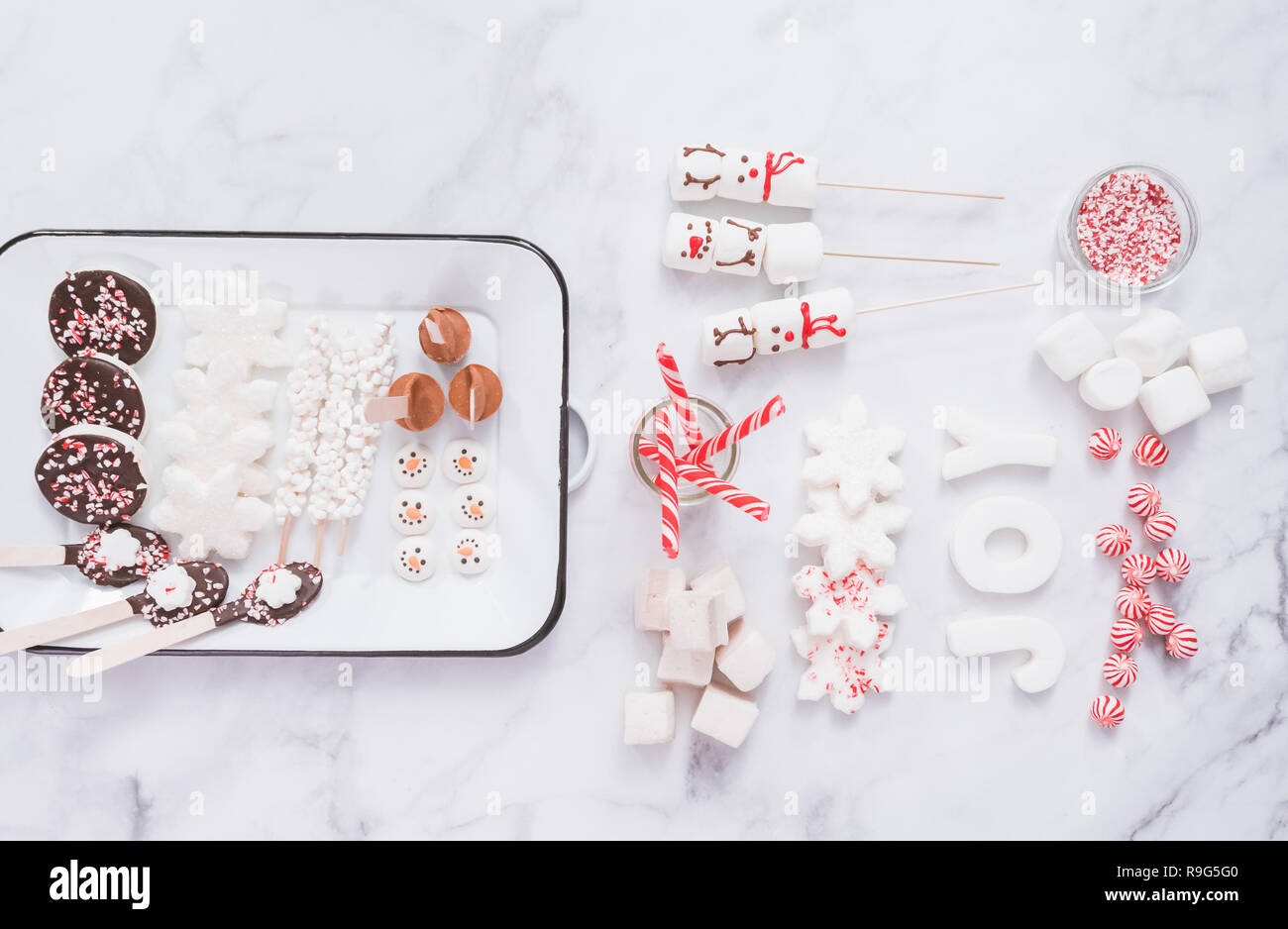 Flat lay. Variety of marshmallow toppings with peppermint and chocolate ...