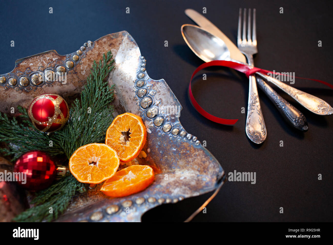 flat lay of festive Christas table arrangement with silverware Stock ...