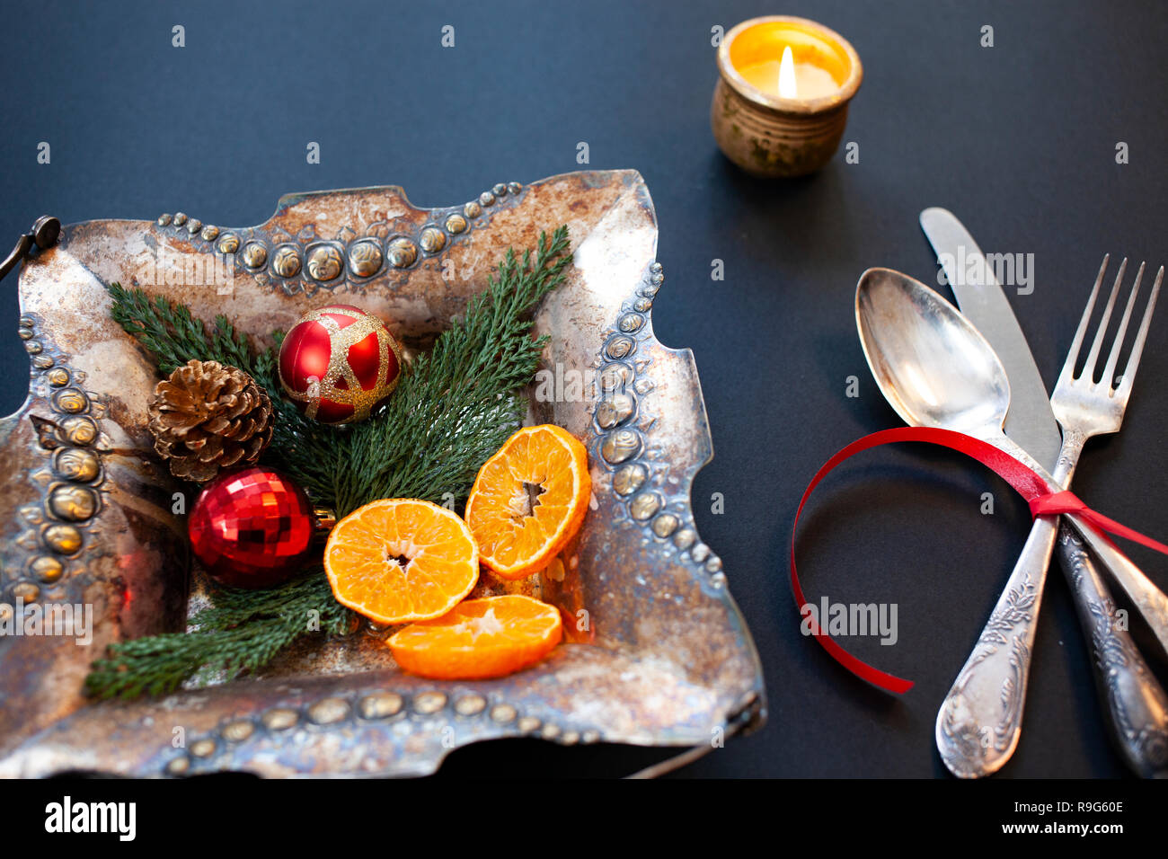 flat lay of festive Christas table arrangement with silverware Stock ...
