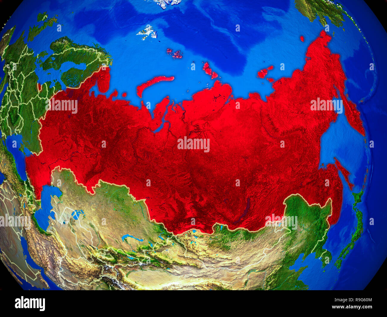 Russia from space on model of planet Earth with country borders and ...