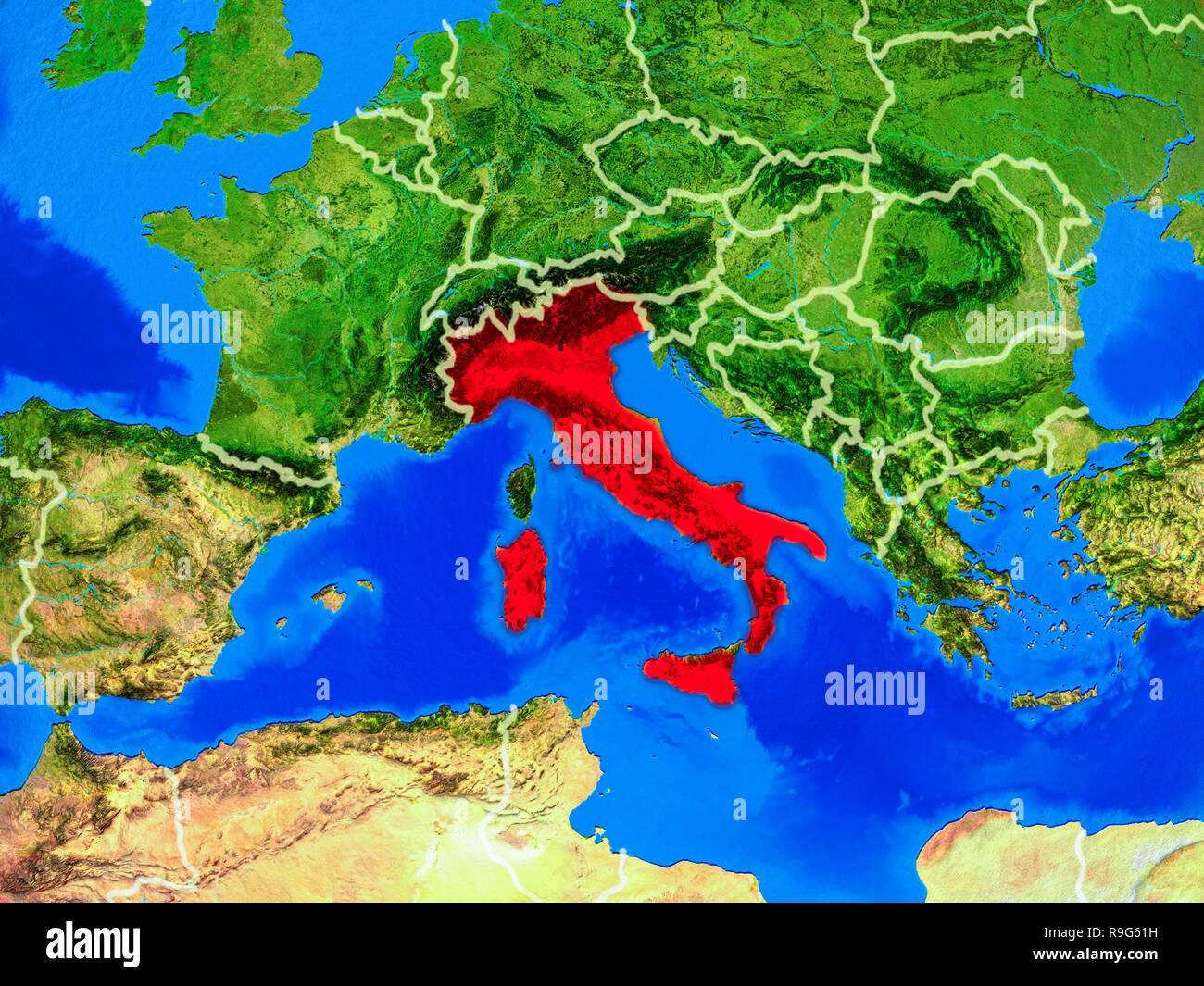 Italy from space on model of planet Earth with country borders and very ...