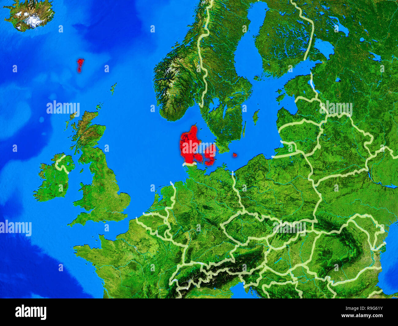 Denmark from space on model of planet Earth with country borders and ...
