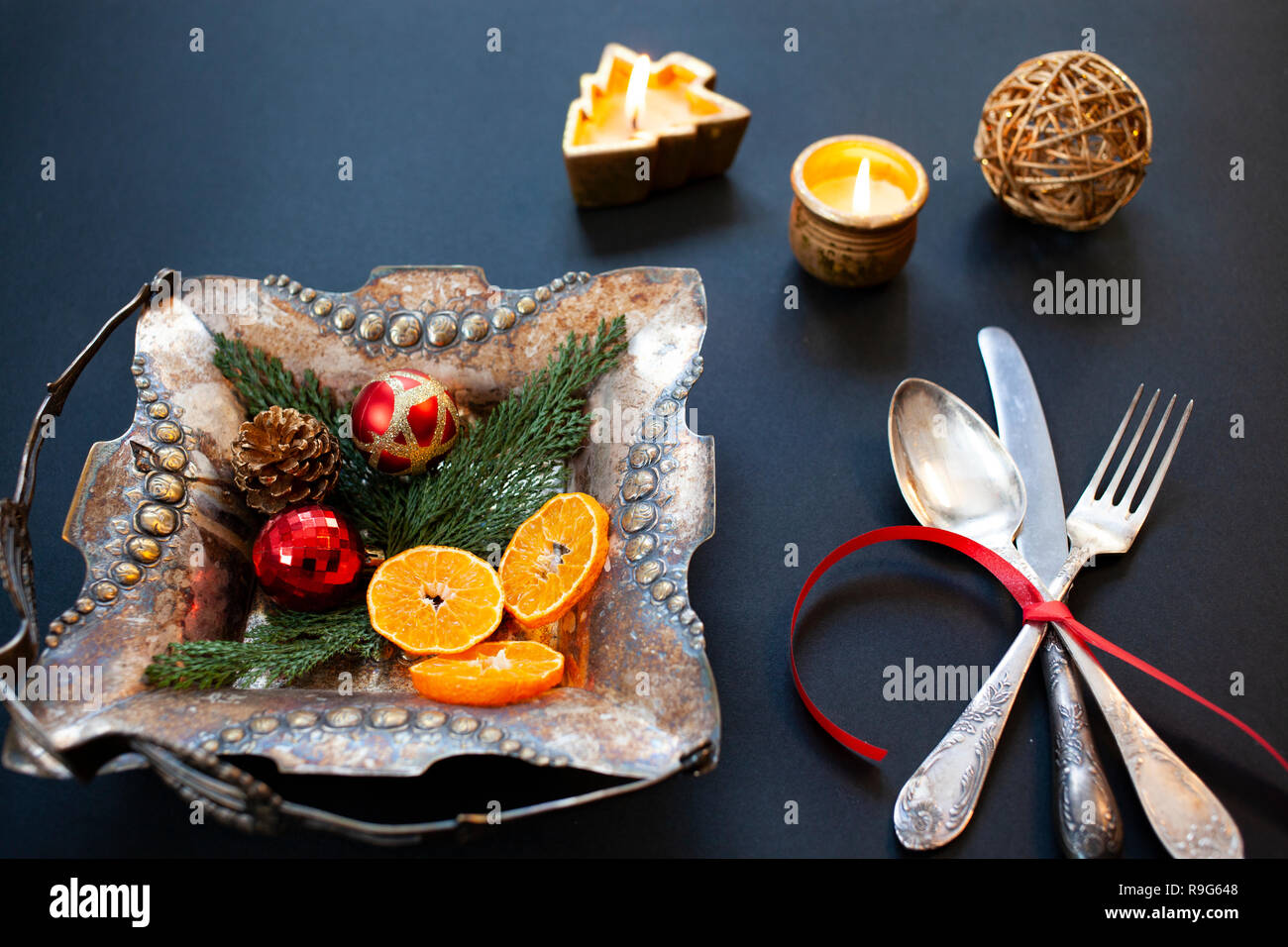 flat lay of festive Christas table arrangement with silverware Stock ...